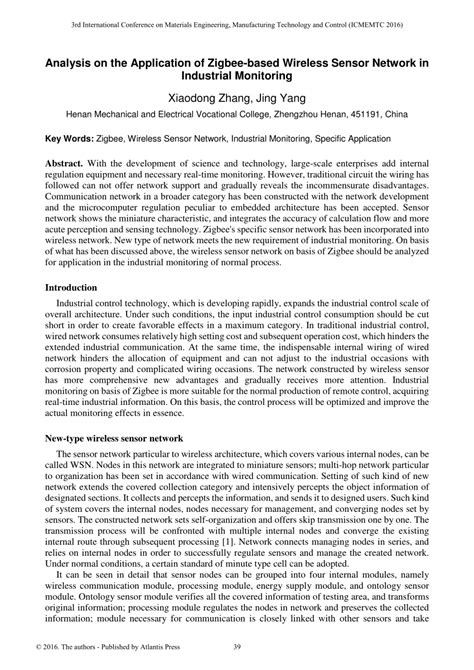pdf analysis on the application of zigbee based wireless sensor network in industrial monitoring