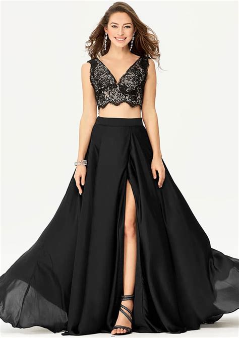 A Line V Neck Chiffon Long Floor Length Prom Dress With Lace Split