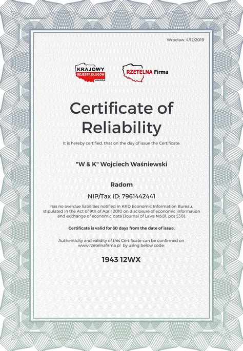 Certificate Of Reliability W K Gift Bags Poland Radom