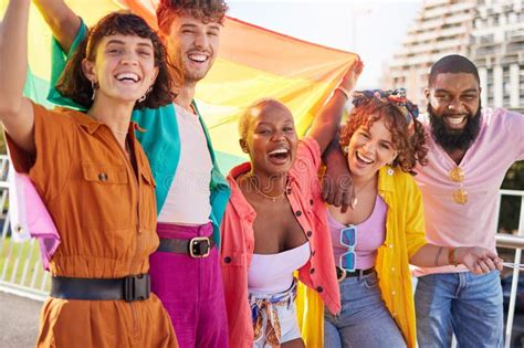 Portrait Rainbow And Flag With A Friends Outdoor Together For