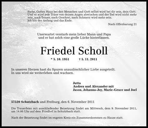 Traueranzeigen Von Friedel Scholl Rz Trauer De