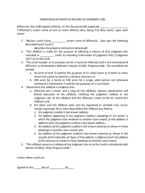 Fillable Online HOMESTEAD AFFIDAVIT AS RELEASE OF JUDGMENT LIEN Fax