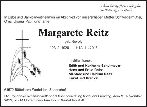 Traueranzeigen Von Margarete Reitz Vrm Trauer De