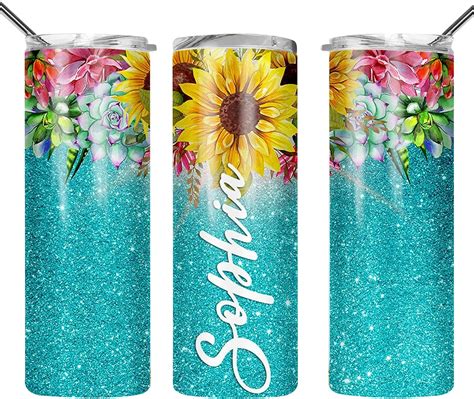 Amazon 20oz Skinny Tumbler Sunflower Succulent Teal Glitter