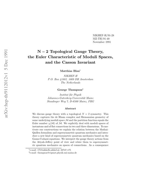 pdf n 2 topological gauge theory the euler characteristic of moduli spaces and the casson