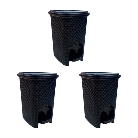 Kit 3 Lixeiras Rattan 7 Litros Preta Pedal E Tampa Arqplast