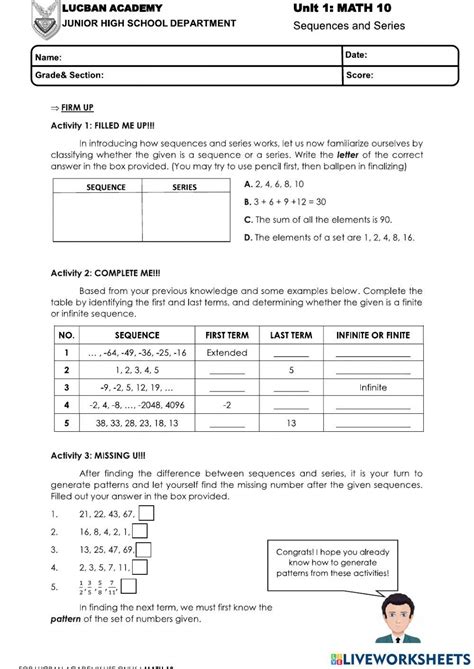 Arithmetic Sequence And Series Worksheet Live Worksheets Worksheets