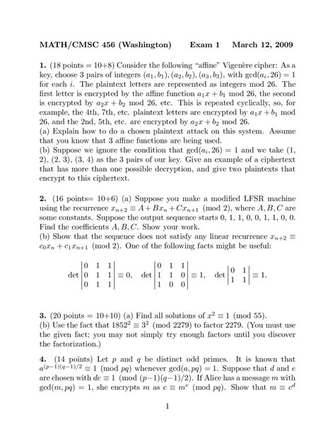 6 questions in examination 1 cryptology cmsc 456 docsity