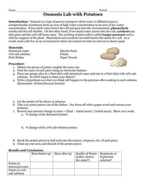 Method For Osmosis Potato Lab Report
