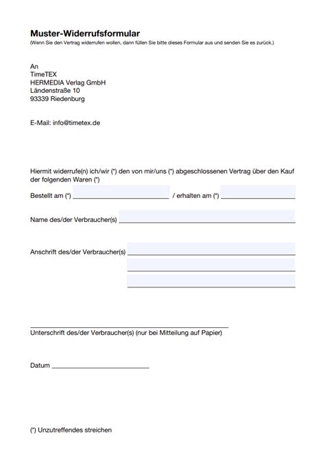 Widerrufsrecht Und Muster Widerrufsformular TimeTEX