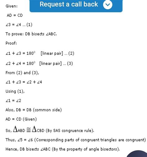 given below are two triangles abd and cbd ad cd and ∠3 ∠4 prove that db bisects ∠abc