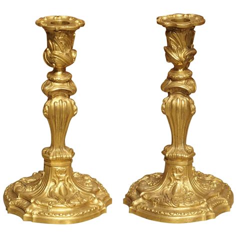 Pair Of French Gilt Bronze Candlesticks Gothic Style End 19th Century