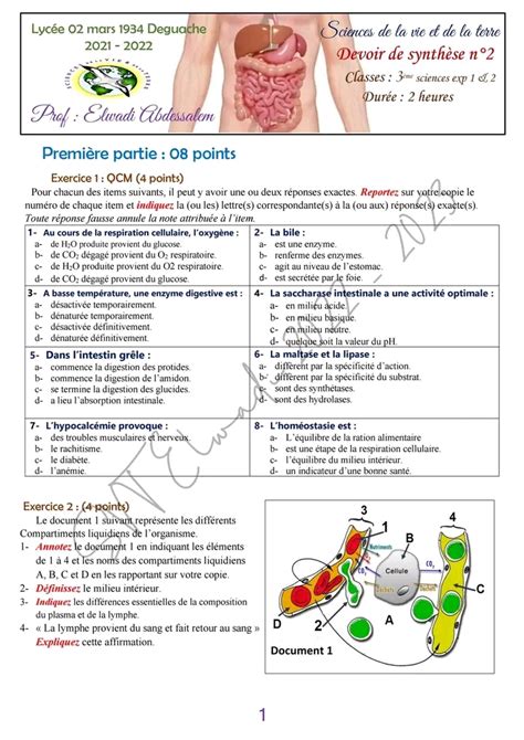 3 ème Sc expérimentales Sciences SVT Devoir de synthèse n2 3ème sc