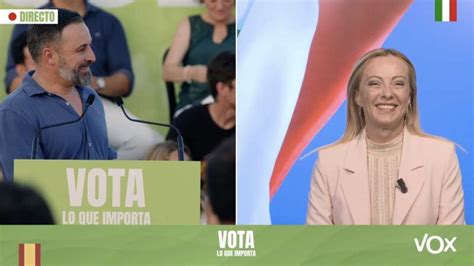 Giorgia Meloni In Collegamento Con Il Comizio Di Vox A Valencia