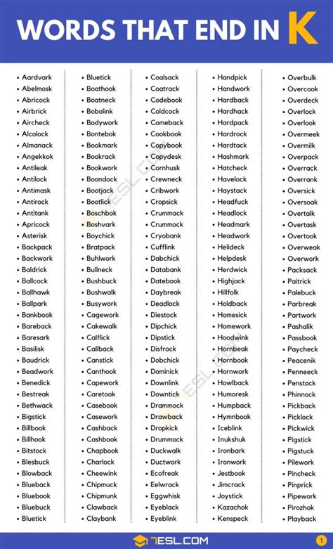 Words That End In K 1900 English Words 7ESL