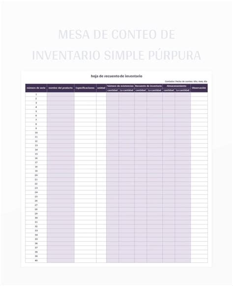 Plantilla de Excel Mesa De Conteo De Inventario Simple Púrpura y Hoja