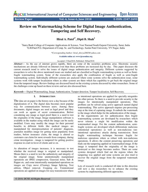 pdf review on watermarking scheme for digital image authentication tampering and self recovery