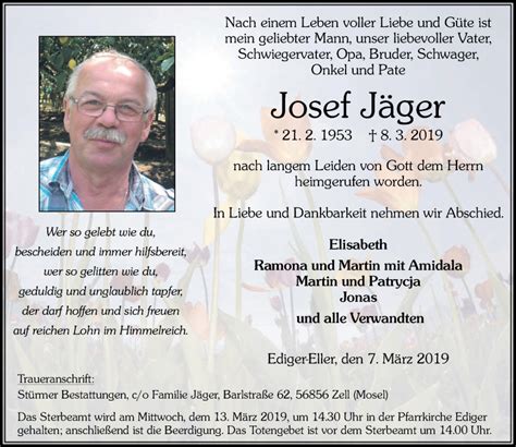 Traueranzeigen von Josef Jäger rz trauer de