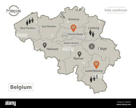 Mapa de Bélgica regiones individuales con nombres infografía e iconos