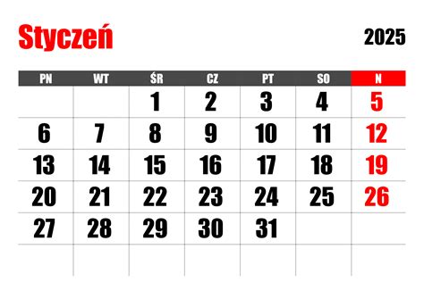 Kalendarz styczeń 2025 A4 do druku kalendarz su