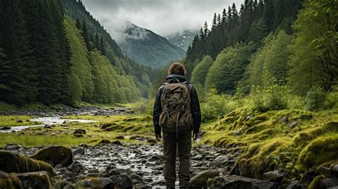 Premium AI Image A Man Hiking In The Wilderness