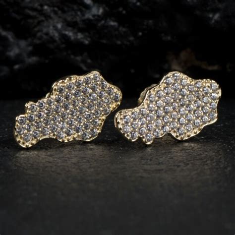 Mens 14k Gold Sterling Silver Hip Hop Honey Comb Set Iced Nugget Stud