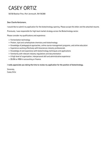 Biotechnology Cover Letter Velvet Jobs