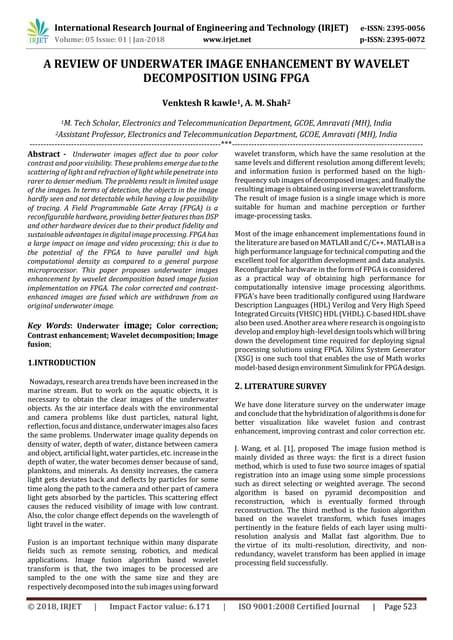 irjet a review of underwater image enhancement by wavelet decomposition using fpga pdf