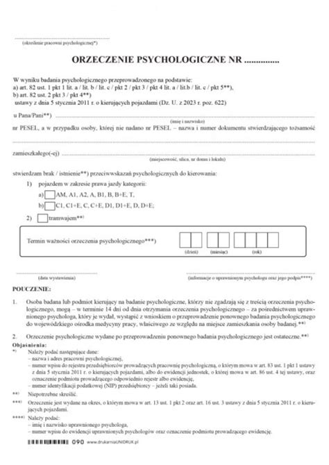 Orzeczenie Psychologiczne Dla Kieruj Cych Pojazdami Druk