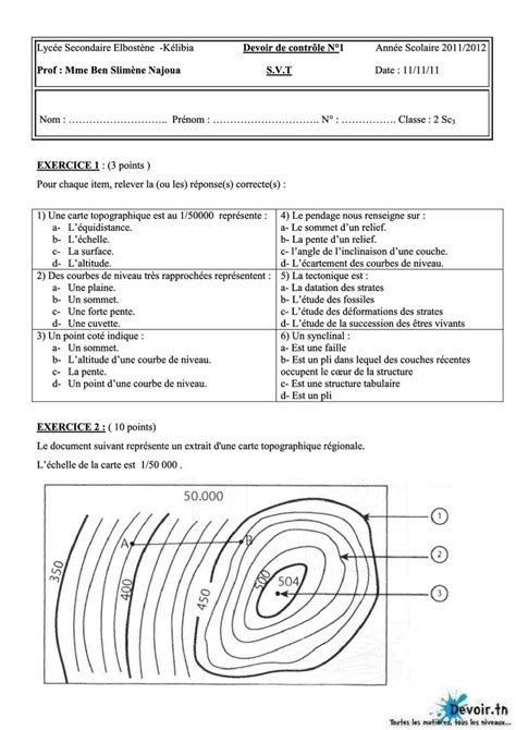 Devoir De Contrôle N1 2 ème Années Sciences Sciences Svt