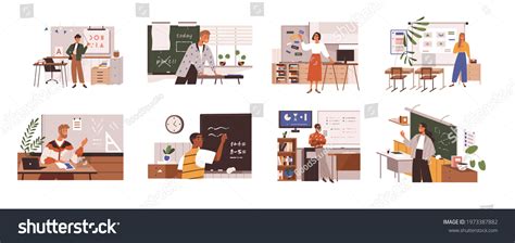 Set School Teachers Standing Blackboards Whiteboards Stock Vector