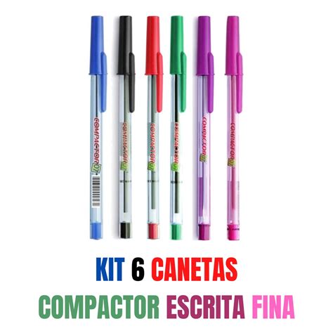 Kit Caneta Compactor Fina Azul Preto Vermelho Rosa Roxa E