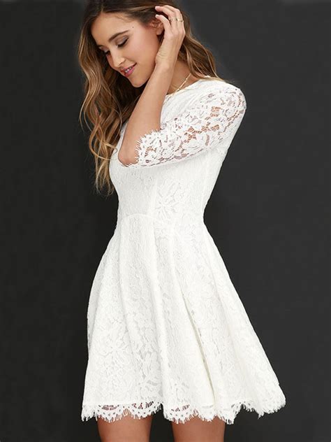 Robe Courte En Dentelle Blanche Col Rond Manches Mi Longues Tidebuy