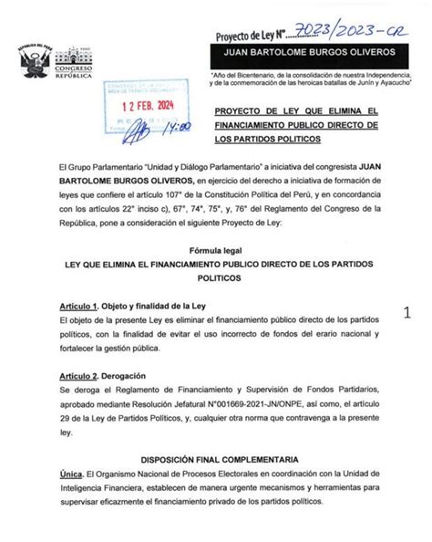 Congreso Presentan Proyecto De Ley Para Eliminar Financiamiento