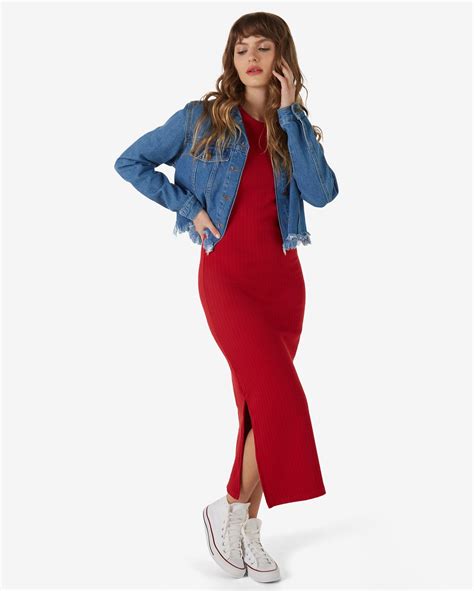 Riachuelo Vestido Midi Feminino Reto Fenda Malha Ribana Vermelho Pool