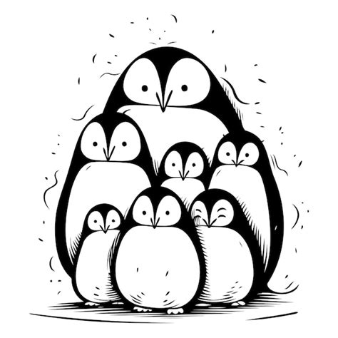 Familia de pingüinos ilustración vectorial en blanco y negro al estilo