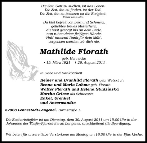 Traueranzeigen Von Mathilde Florath Trauer In NRW De