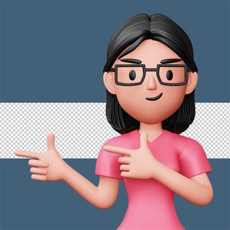 Mulher animada feliz apontando para o lado renderização 3d de