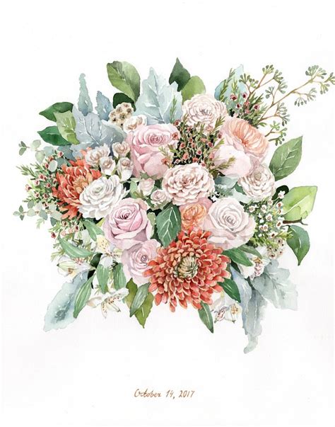 Original Custom Bridal Bouquet Painting In Watercolor Wedding Flowers