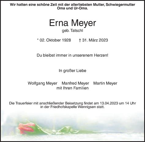 Traueranzeigen Von Erna Meyer Trauer Anzeigen De
