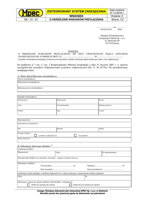 Wniosek o określenie warunków przyłączenia