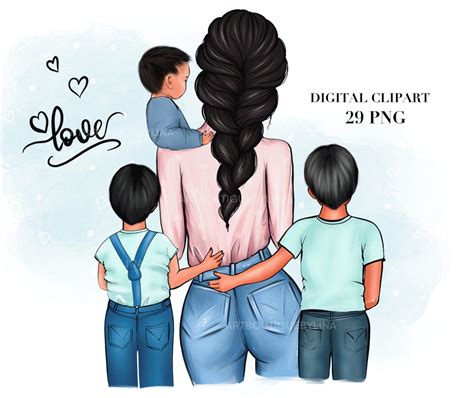 Two Daughters Sons Digital Clip Art Digital Drawing Mom Clipart