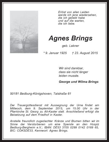 Traueranzeigen Von Agnes Brings WirTrauern