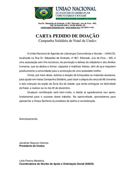 Modelo de carta de pedido de doação