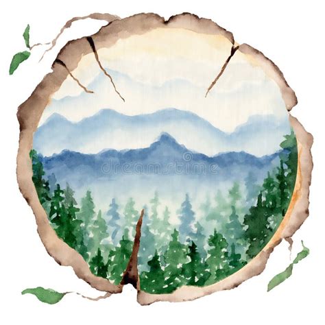 Watercolor Landscape With Pine And Fir Trees And Mountains Abstract