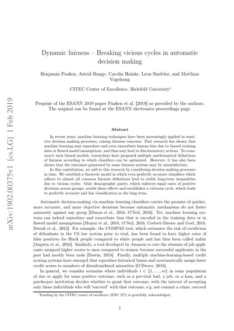 pdf dynamic fairness breaking vicious cycles in automatic decision making