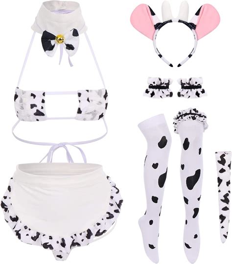 Women Cow Costume Adult Maid Cosplay Bikini Swimsuit Halter Lingerie Bodysuit Monokini Mini