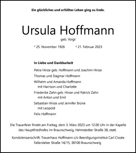 Traueranzeigen Von Ursula Hoffmann Trauer De