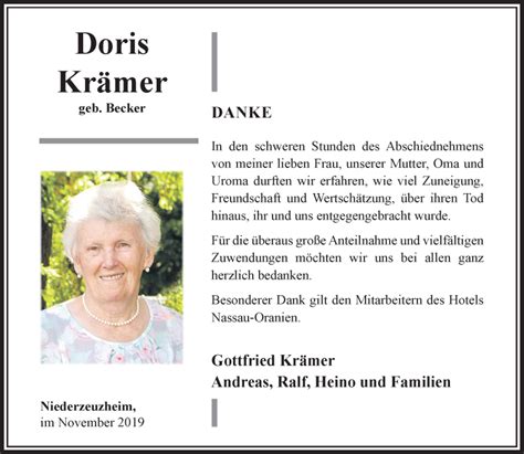 Traueranzeigen von Doris Krämer trauer rheinmain de
