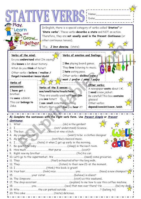 Brief Grammar Explanation And Exercises On The Use Of Stative Verbs